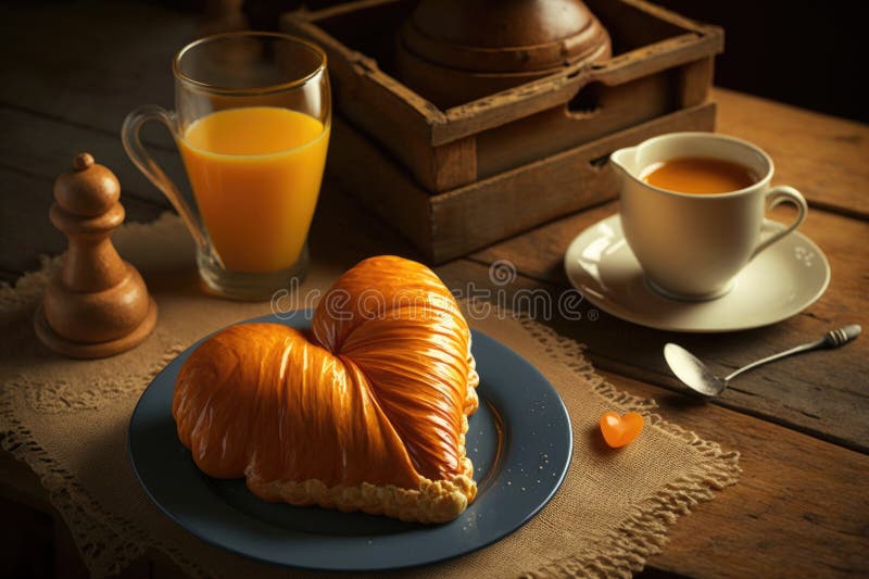 Heart-shaped Croissant in Breakfast Setting, with Coffee and Orange ...