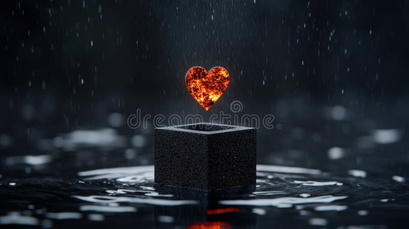 A Heartshaped Crystal Above a Dark Cube in Falling Rain Reflecting ...