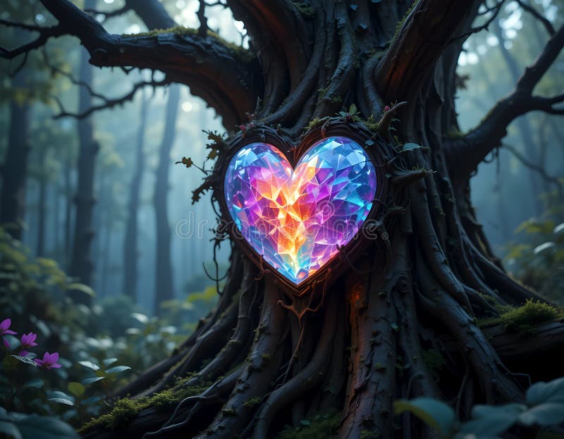 Heart-shaped Crystal Embedded in Tree Stock Illustration - Illustration ...
