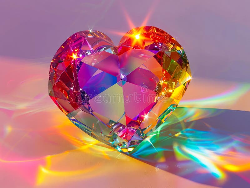 A Heart Shaped Crystal with Rainbow Light Shining through it Stock ...