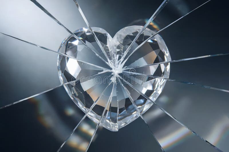 A Heart-shaped Crystal Shattered by Cracks on a Reflective Surface ...