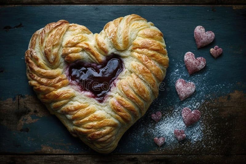 Heart-shaped Danish Pastry with Cherry Filling and Flaky Crust Stock ...