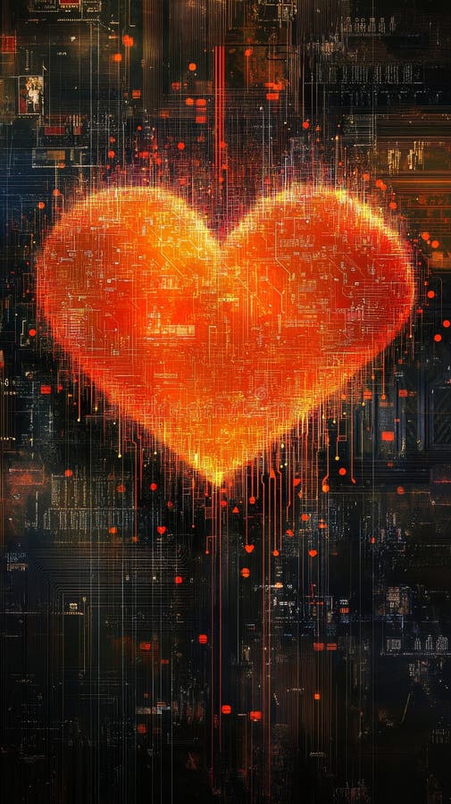 Heart-shaped Digital Circuit with Glowing Orange Design Stock Image ...
