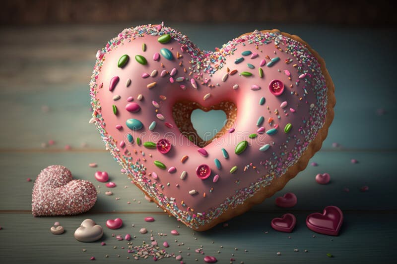 Heart-shaped Donut with Pink Icing, Sprinkles and Heart Decorations ...