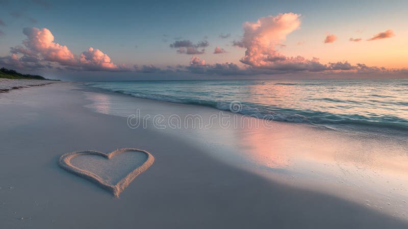 Heart Shaped Drawing in Beach Sand at Sunset Stock Illustration ...