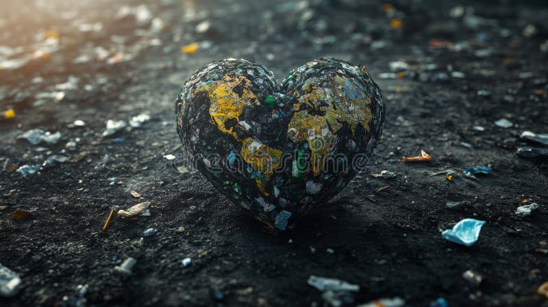 Heart Shaped Earth Made of Plastic Waste on Dark Ground Stock ...
