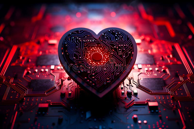 Heart-shaped Electronic Circuit on a Motherboard, with Red Lights and ...