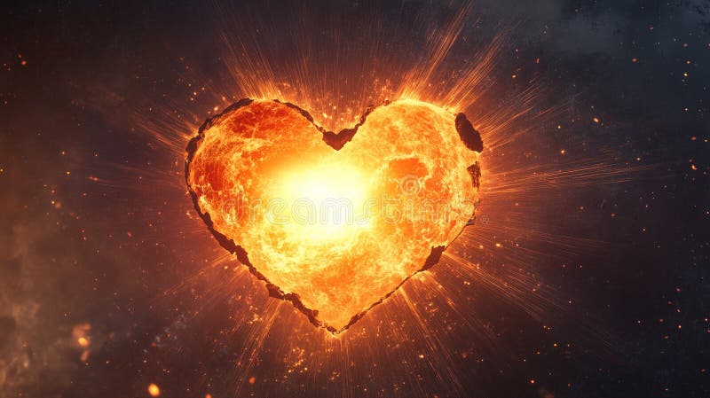 Fiery Exploding Heart Bursting with Golden Light Against Dark ...