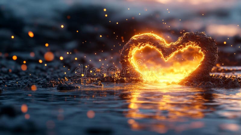 Heart-shaped Fire Glowing on the Water Surface with Floating Sparks and ...