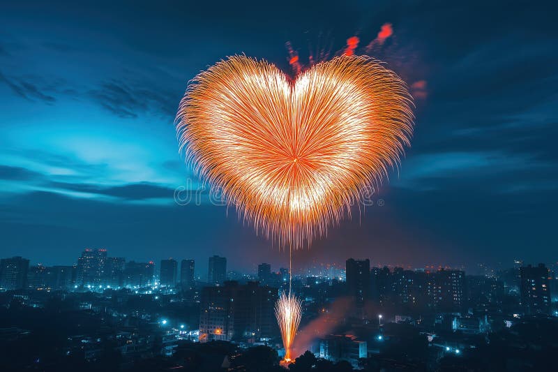 Giant Fireworks Heart Exploding Over City at Night Stock Illustration ...