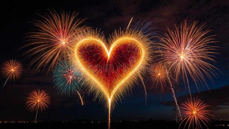 Heart-shaped Fireworks Explode Over Tranquil Water, Lighting Up the ...