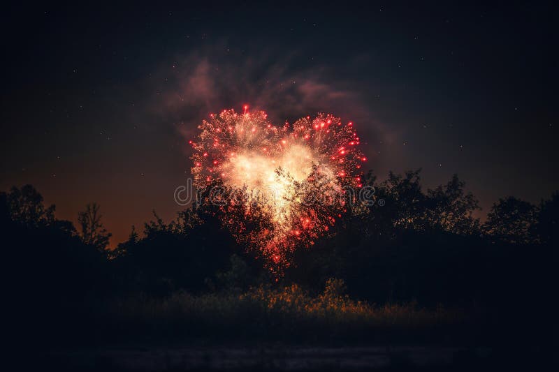 Heart Shaped Fireworks in the Night Forest Stock Illustration ...