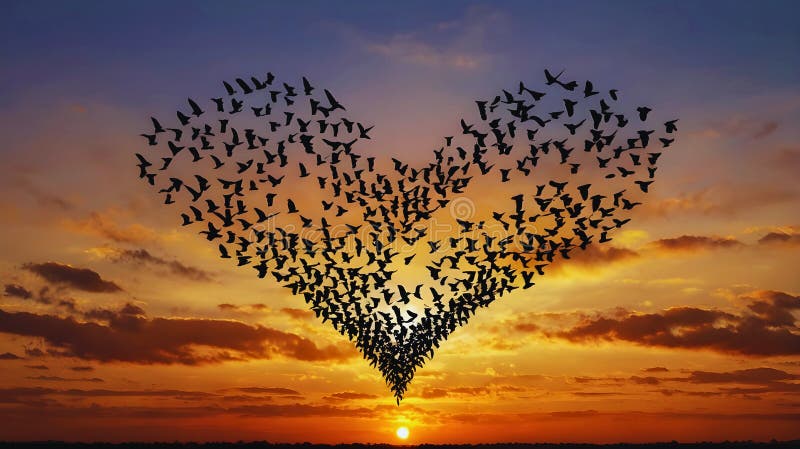 Heart-shaped Flock of Birds Flying in the Colorful Sky. Stock ...
