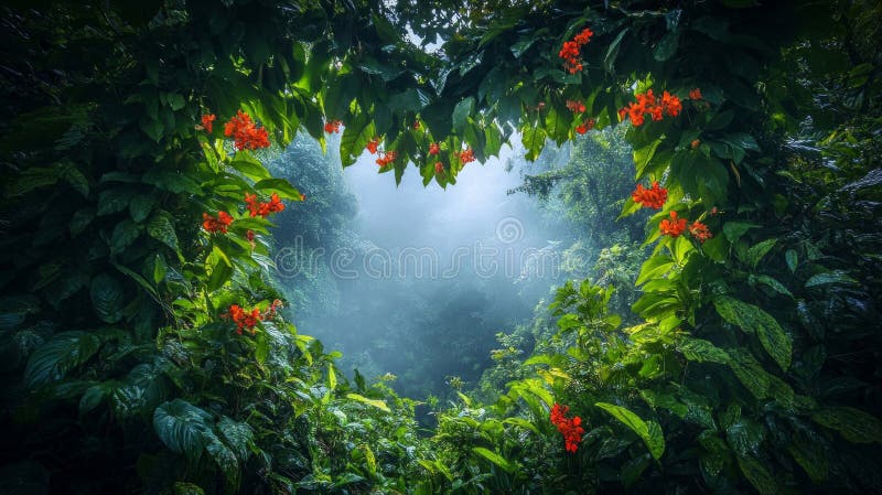 Heart Shaped Foliage Frame in Misty Forest Stock Illustration ...