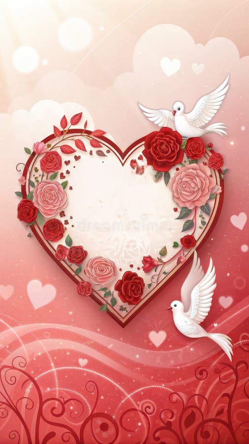 Heart Shaped Frame Adorned with Roses and Doves, Perfect for Love Notes ...