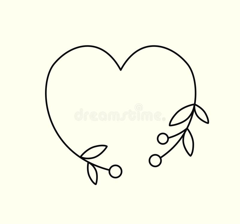 Heart Shaped Frame with Small Berries and Leaves. Botanical Line Art ...