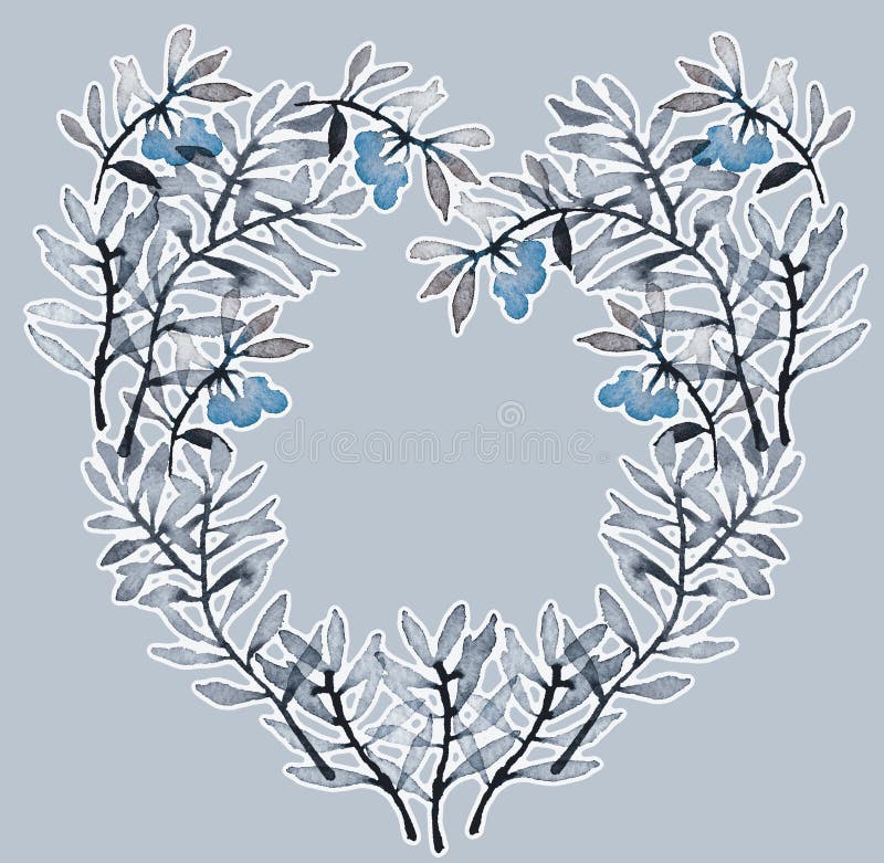 Heart Shaped Frame with Watercolor Berries, Leaves and Tree Branches ...