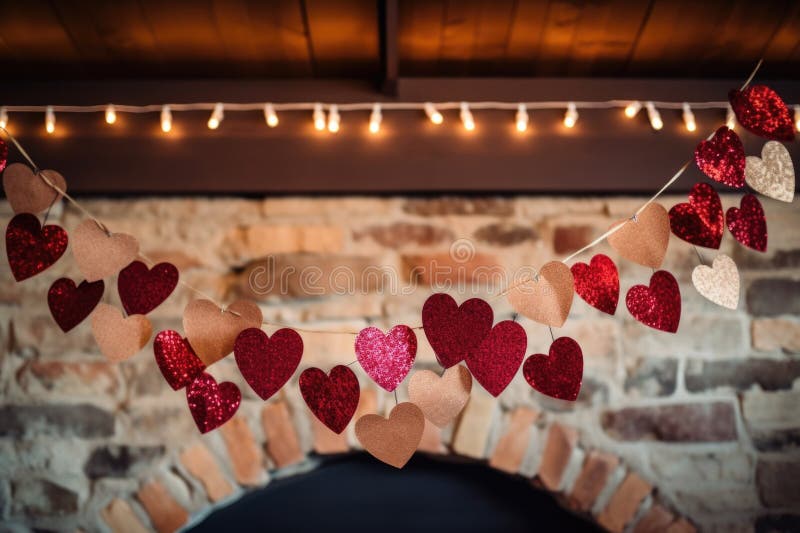 Heart-shaped Garland Hanging on a Fireplace Stock Image - Image of cozy ...