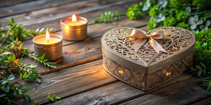Heart-shaped Gift Box with Candles and Greenery on Rustic Wood ...