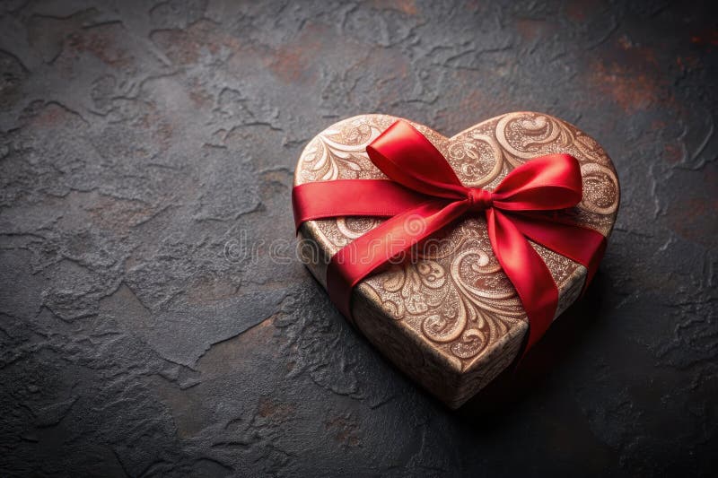 Heart-shaped Gift Box with a Red Ribbon on a Dark Textured Surface, a ...