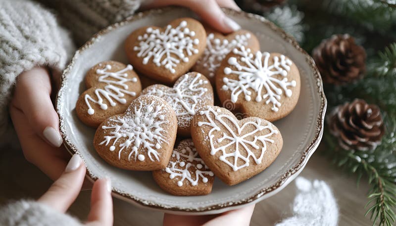 Heart-shaped Gingerbread Cookies with Icing in Cozy Winter Setting ...
