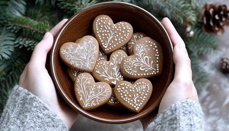 Heart-shaped Gingerbread Cookies with Icing in Cozy Winter Setting ...