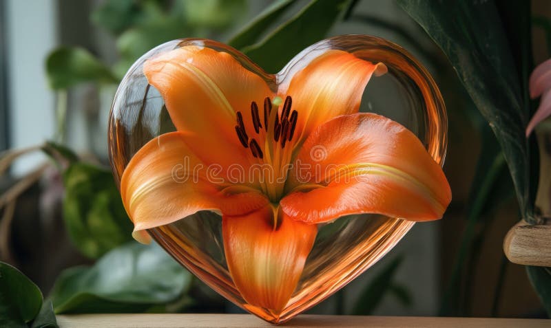 A Heart Shaped Glass Container with a Single Orange Flower Inside Stock ...