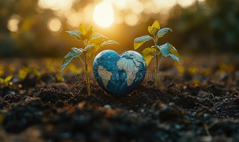 Heart-shaped Globe Surrounded by Young Plants Symbolizing Environmental ...