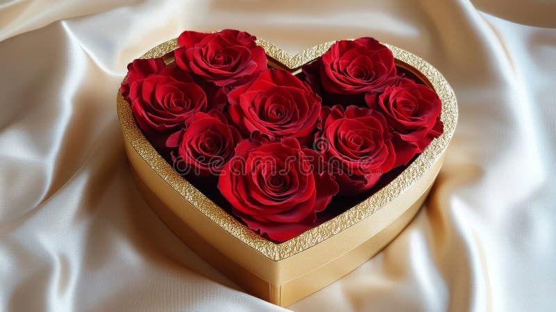 Heart-shaped Gold Box Filled with Preserved Red Roses Stock ...