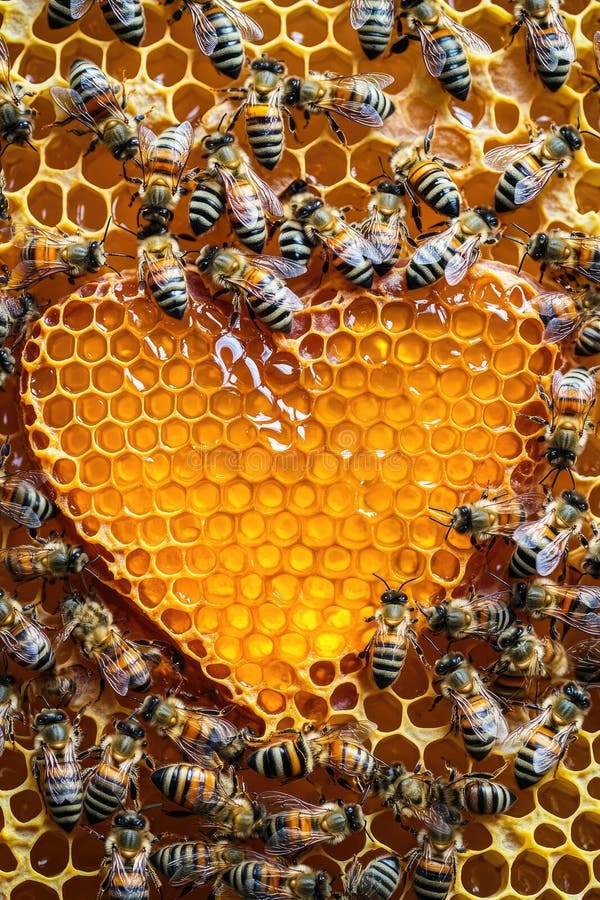 Heart Shaped Honeycomb with Bees. Selective Focus Stock Photo - Image ...