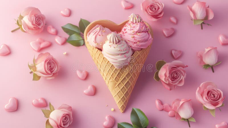 Heart Shaped Ice Cream Cone with Pink Roses and Hearts. Generative AI ...