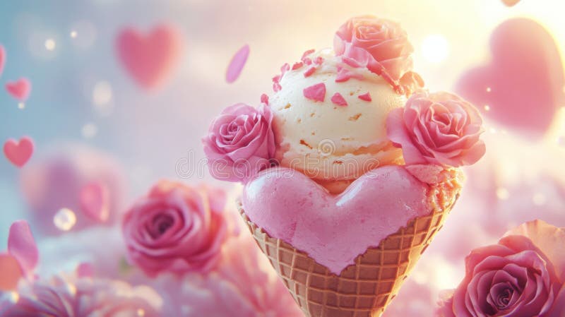 Heart Shaped Ice Cream Cone with Pink Roses and Petals. Generative AI ...