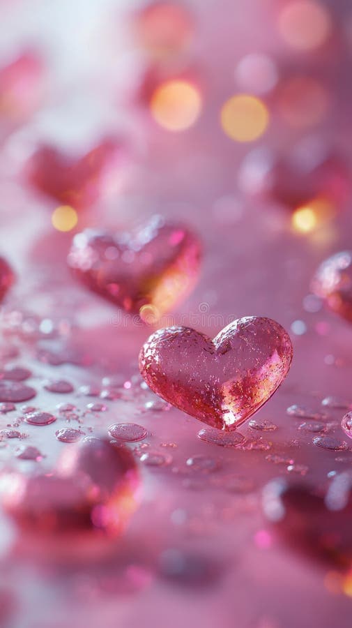Heart-shaped Ice Cubes Glisten in Soft Pink Light on a Smooth Surface ...