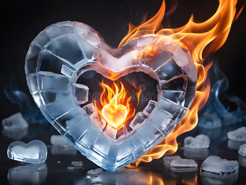 A Heart Shaped Ice Sculpture with Flames and Ice Stock Illustration ...