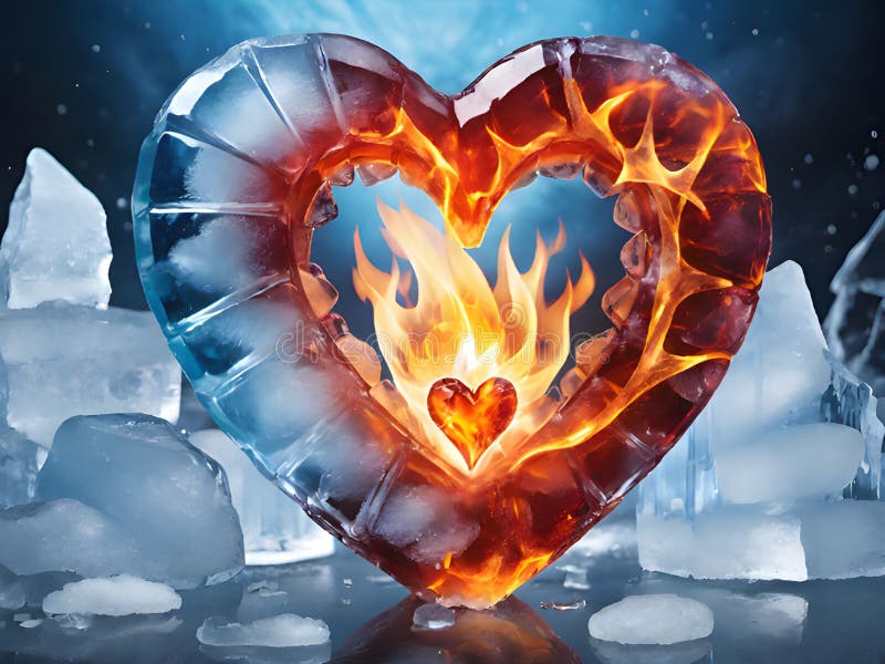 A Heart Shaped Ice Sculpture with Flames and Ice Stock Illustration ...
