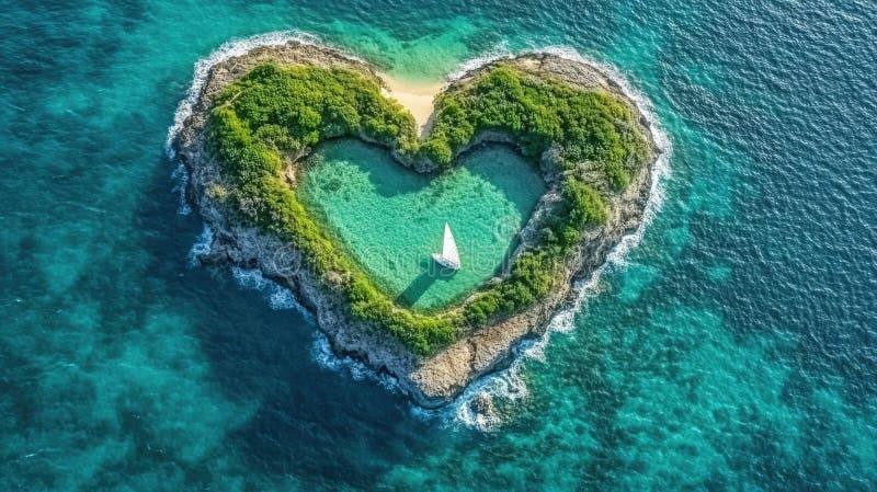 Heart-shaped Island with Sailboat in Turquoise Ocean Stock Photo ...