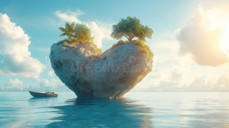 Heart-shaped Island with Trees and Boat in Serene Ocean at Sunset Stock ...