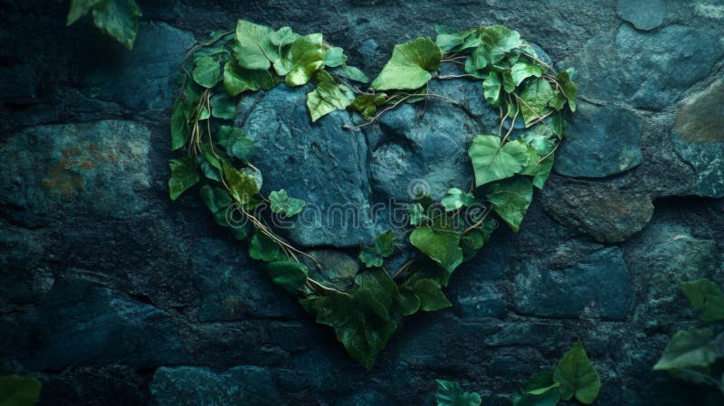 Heart Shaped Ivy Frame on a Stone Wall Stock Illustration ...