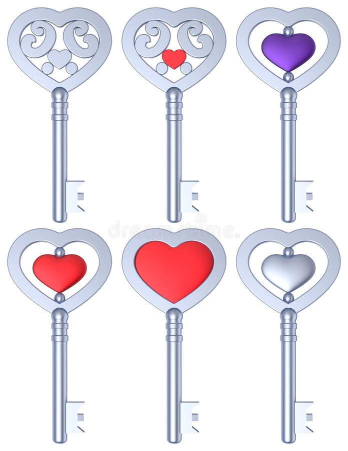 Heart Shaped Key 3D Silver Set Stock Illustration - Illustration of ...