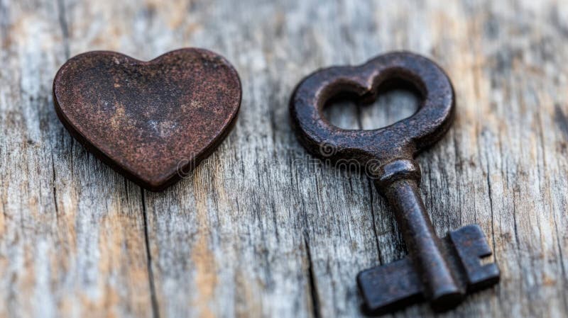 A Heart Shaped Key and a Rusty Old Lock on Wooden Table, AI Stock Image ...