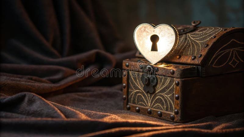 Heart Shaped Keyhole Glows Softly on Antique Treasure Chest Stock ...