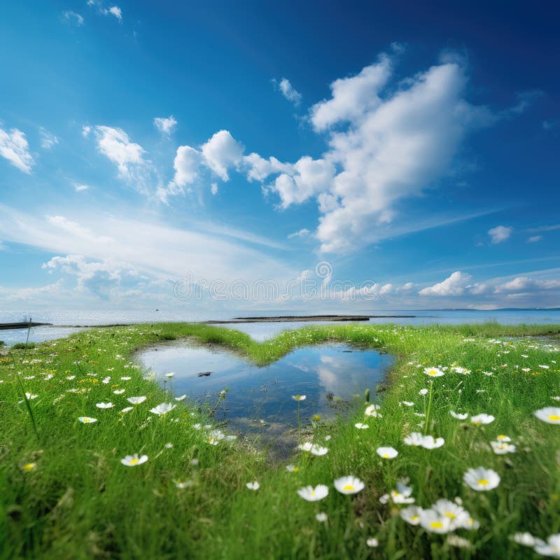Heart Shaped Lake in Landscape with Bright Blue Sky and White Clouds ...