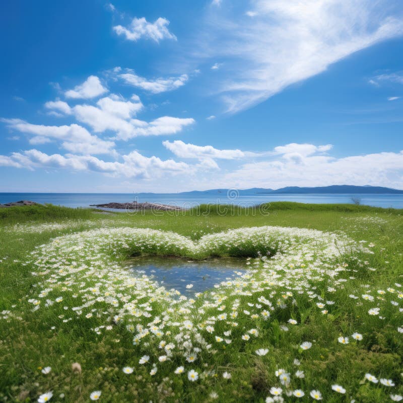 Heart Shaped Lake in Landscape with Bright Blue Sky and White Clouds ...