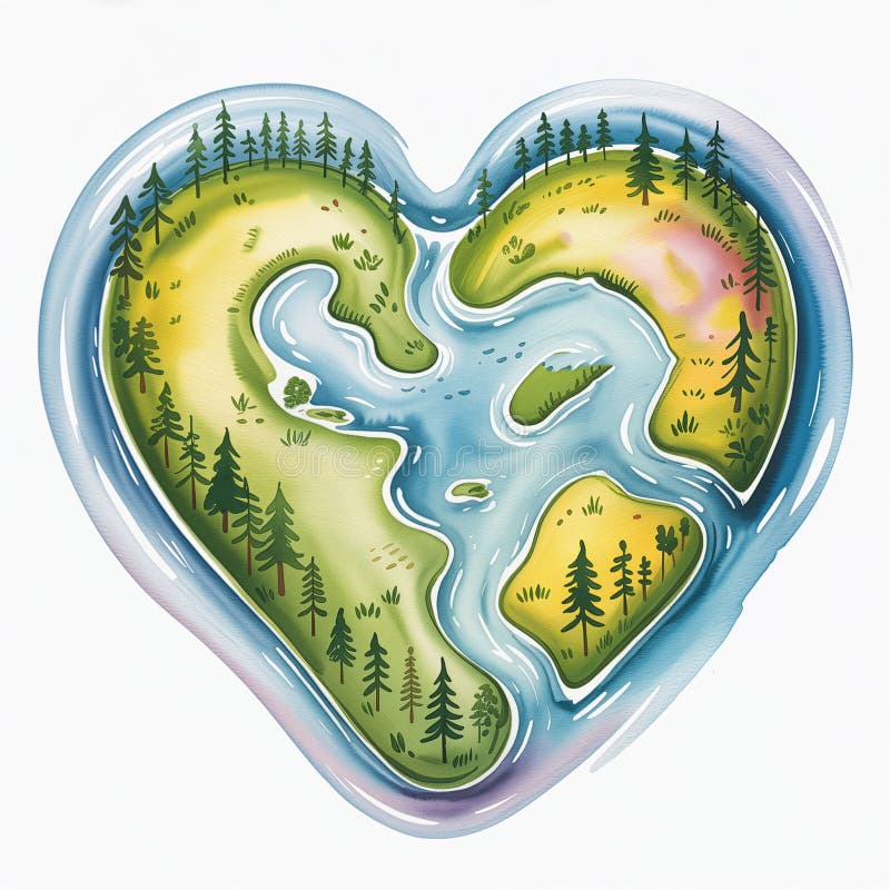 A Heart-shaped Landscape Features a Serene River Flowing through Green ...