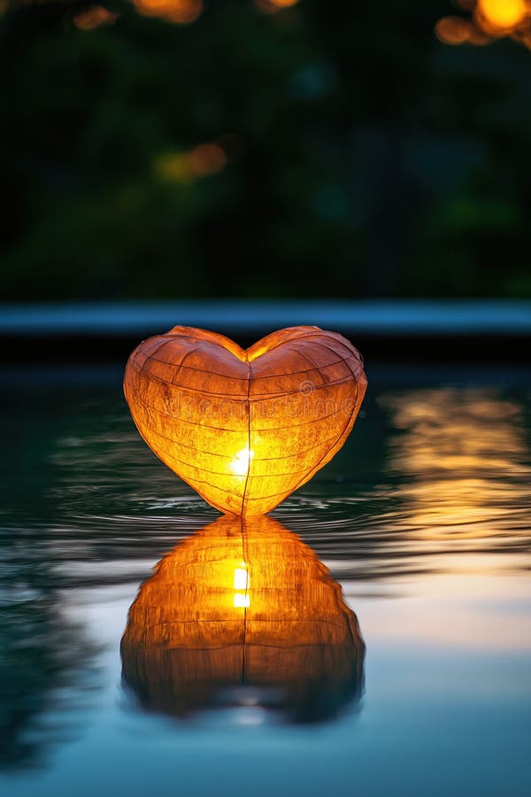 Glowing Heart Lantern Floating on Water at Sunset Reflecting Sky Stock ...