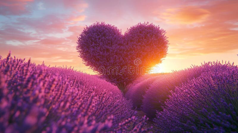 Heart-shaped Lavender Bush at Sunset in a Field Stock Illustration ...