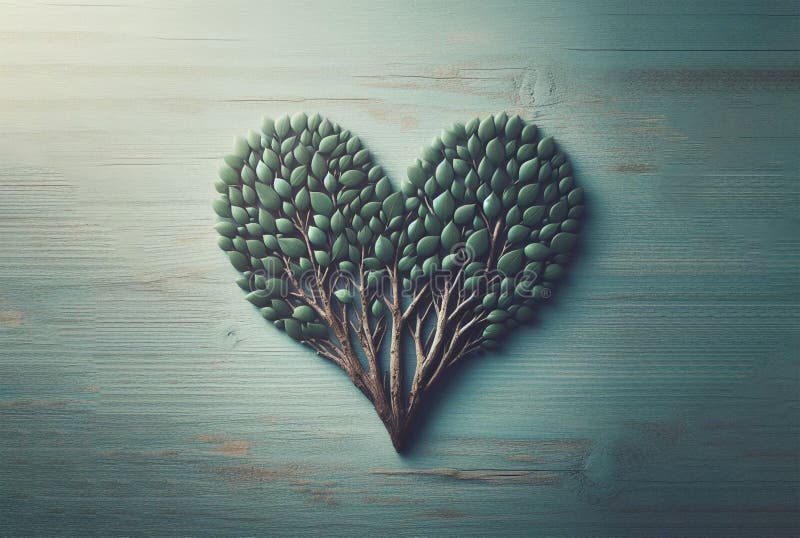 Heart-Shaped Leaves Forming a Tree on Wood Background Stock ...