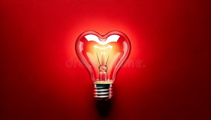 Heart-Shaped Light Bulb Glowing on Red Background Symbolizing Bright ...