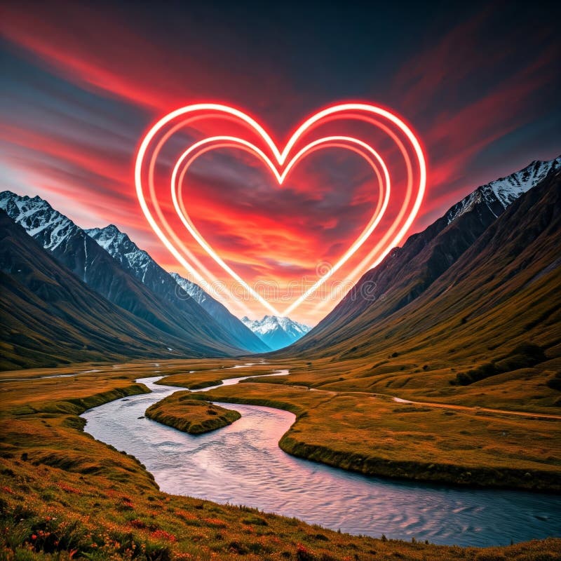 Heart-shaped Light Formation in Vibrant Mountain Sunset Landscape Stock ...