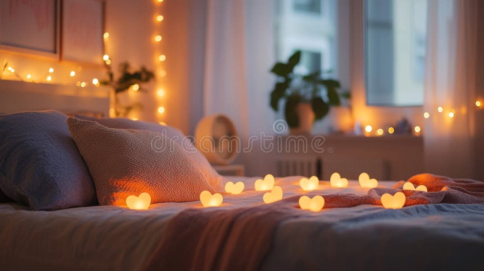 Heart-Shaped Lights on a Bed with String Lights Stock Illustration ...